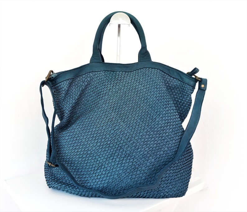Small Teal Blue Leather Tote Bag Zipper Italy, Slouchy Woven Handbag ...