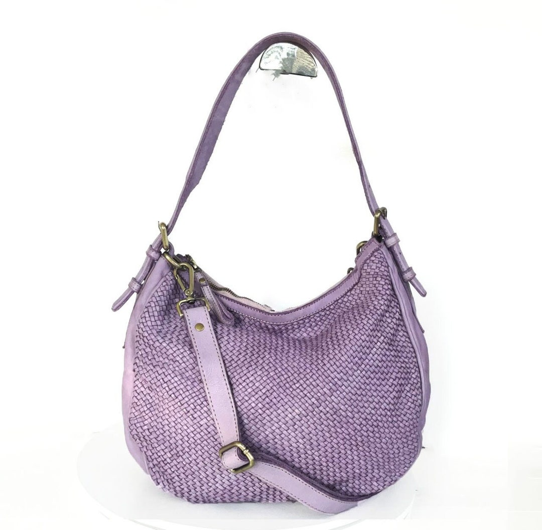 Soft Lilac Woven Leather Crossbody Bag, Slouchy Shoulder Bag, Italian ...