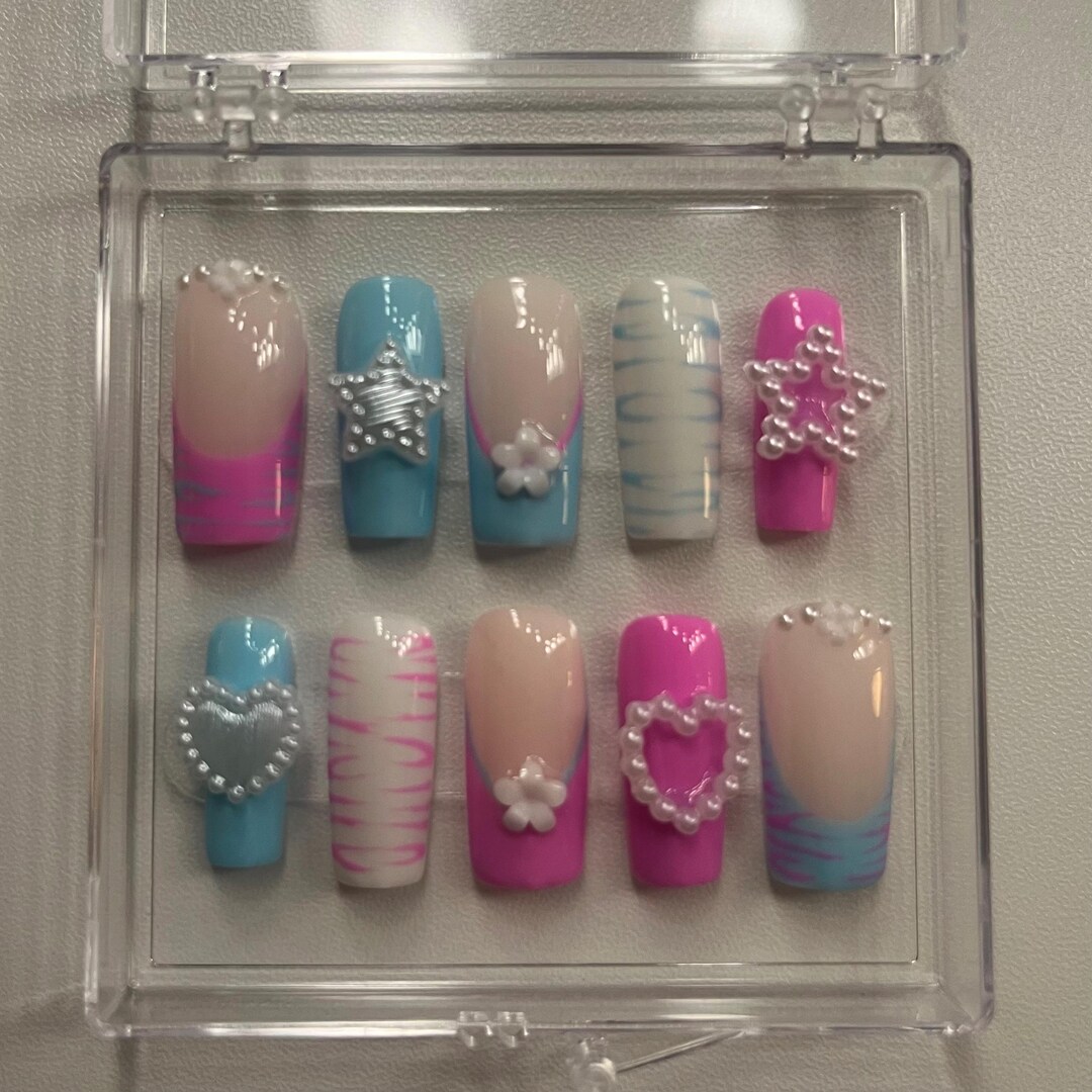 Cute Pink and Blue Medium Square Nails. - Etsy