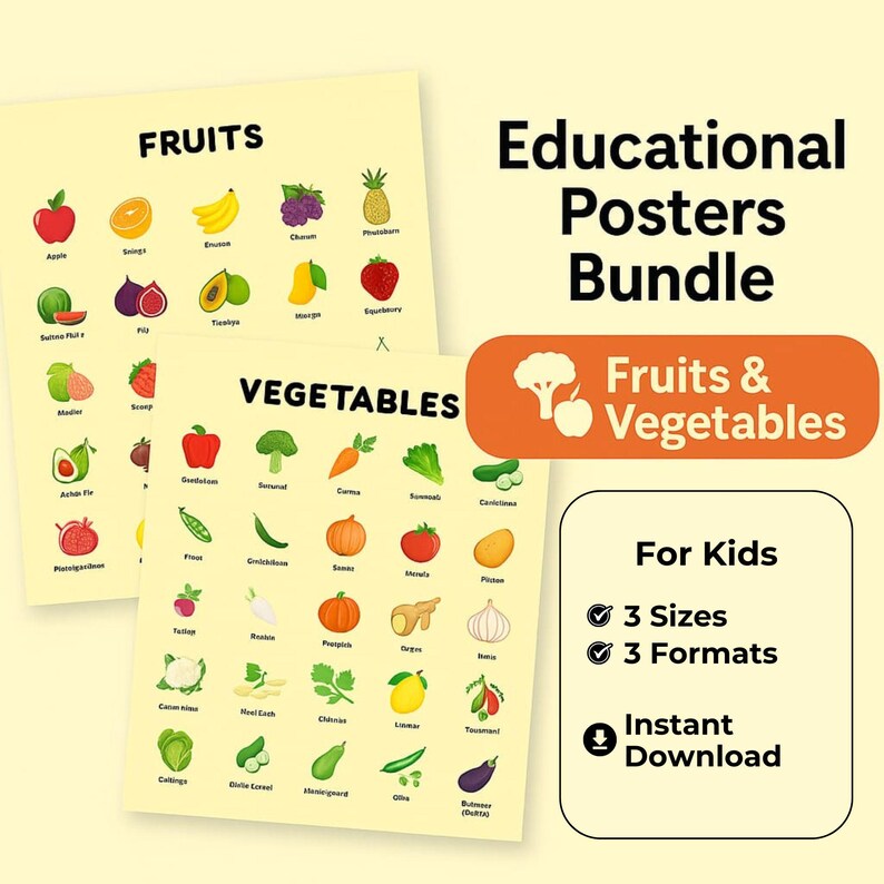 Fruits and Vegetables Educational Poster Bundle for Kids - Printable ...