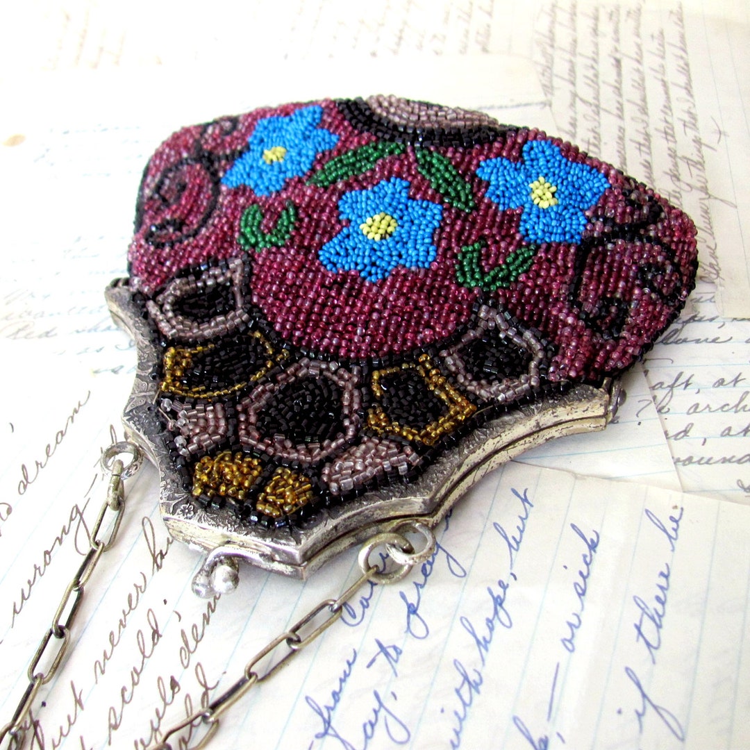 Antique Micro Beaded Bag, Small Vintage Purse With Blue Bead Flowers - Etsy