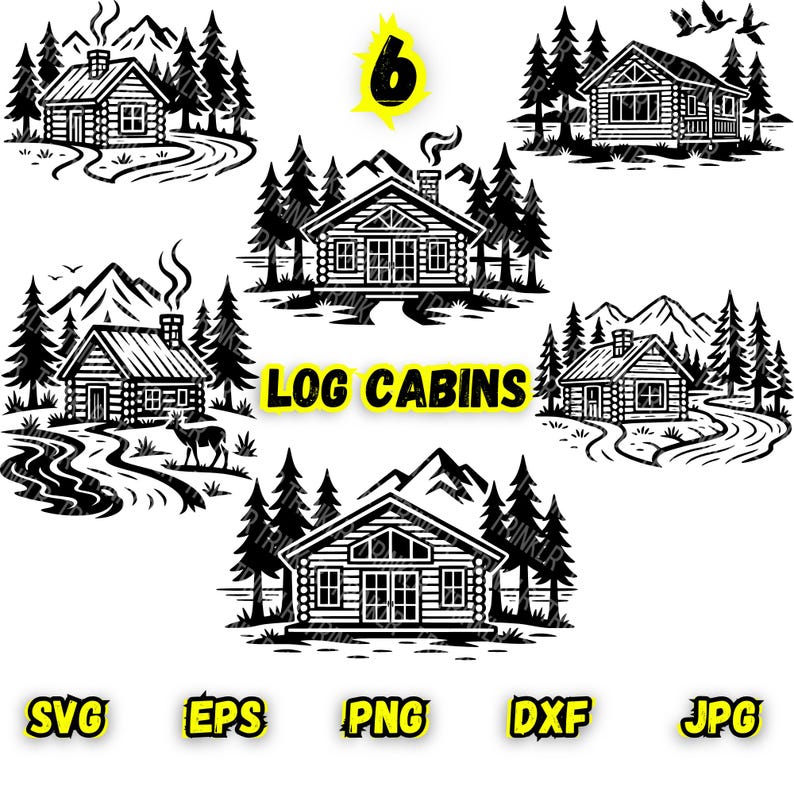 Log Cabin SVG Bundle of 6 | Mountain Hunting Cabin SVG Designs for ...