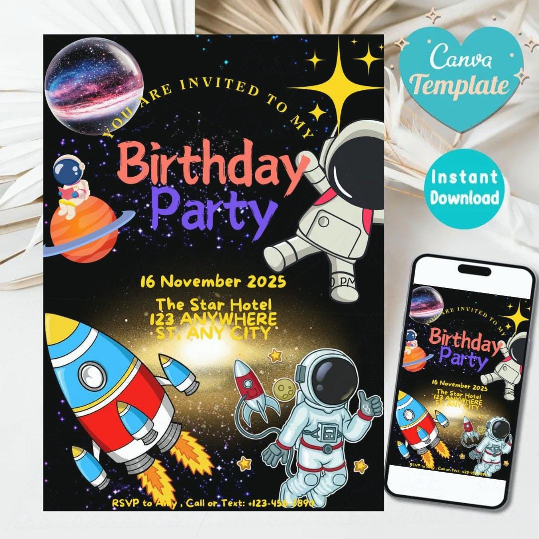 Space Birthday Party Invitation, Astronaut Outer Space Theme Invitation ...