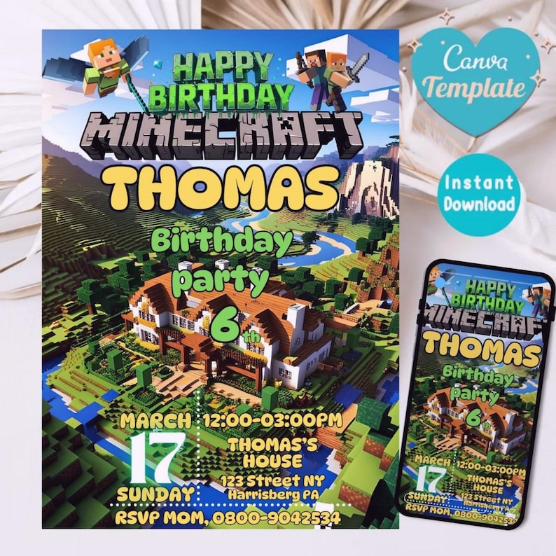 Editable Pixel Birthday Invitation Block Party Invite Gamer Birthday ...