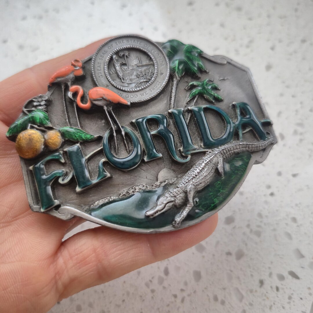 Vintage 1986 Siskiyou Florida State Belt Buckle Flamingo Gator Pewter ...