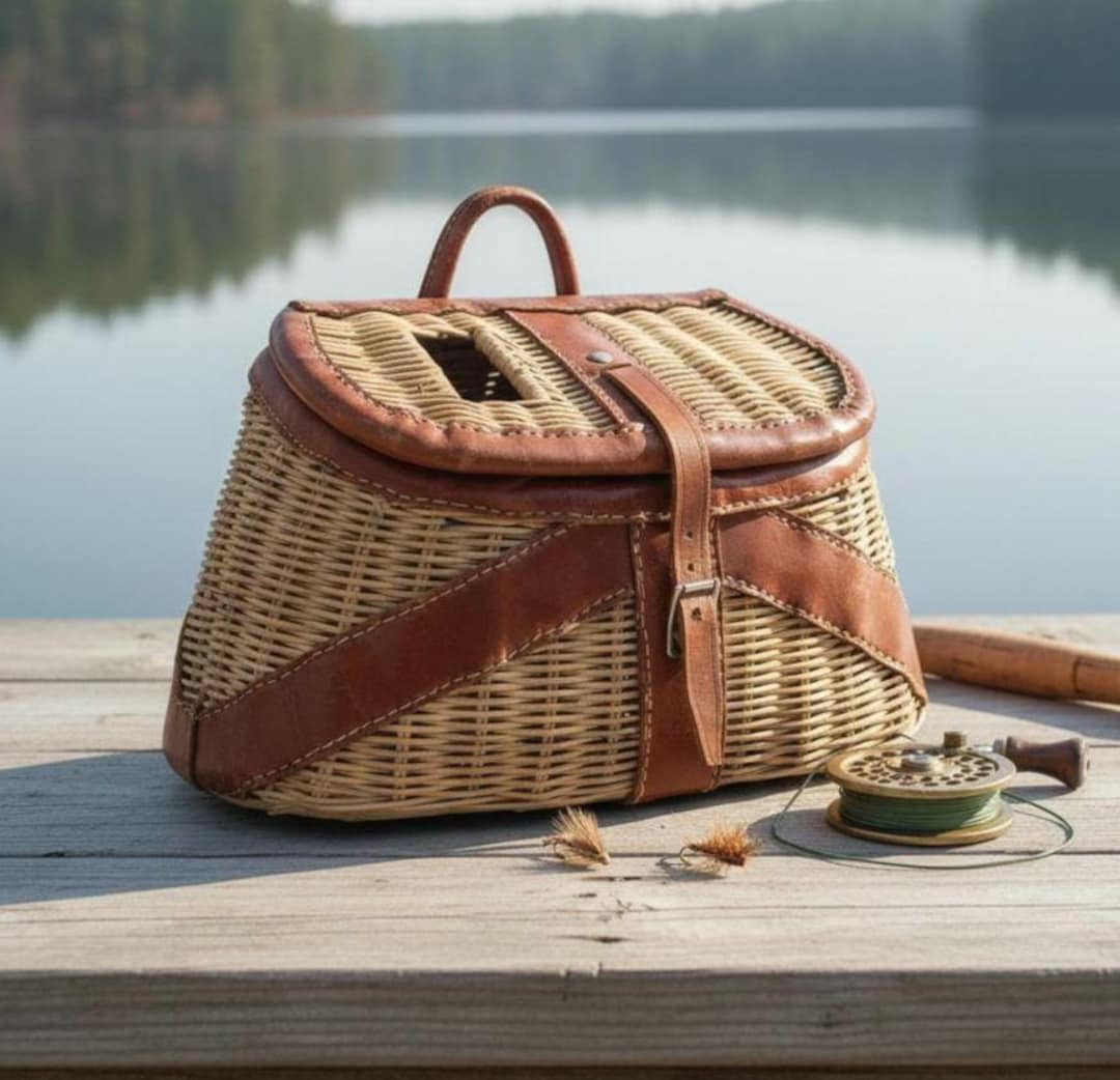 Authentic Vintage Wicker & Leather Fishing Creel Basket, Woven Rattan ...
