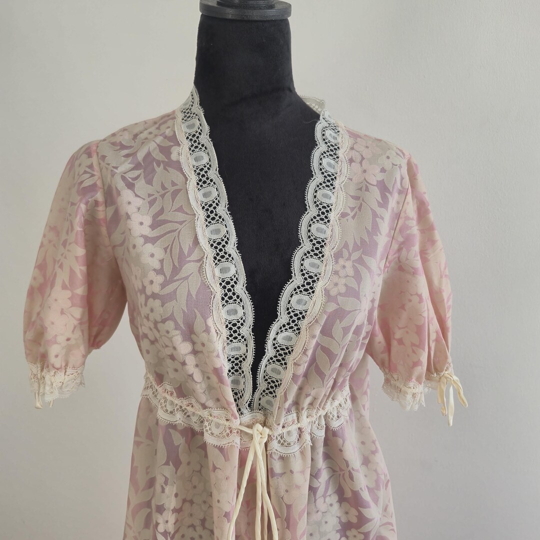 Vintage 70s Andrea Claire Pink Floral Dressing Gown – Sheer Lace Maxi ...