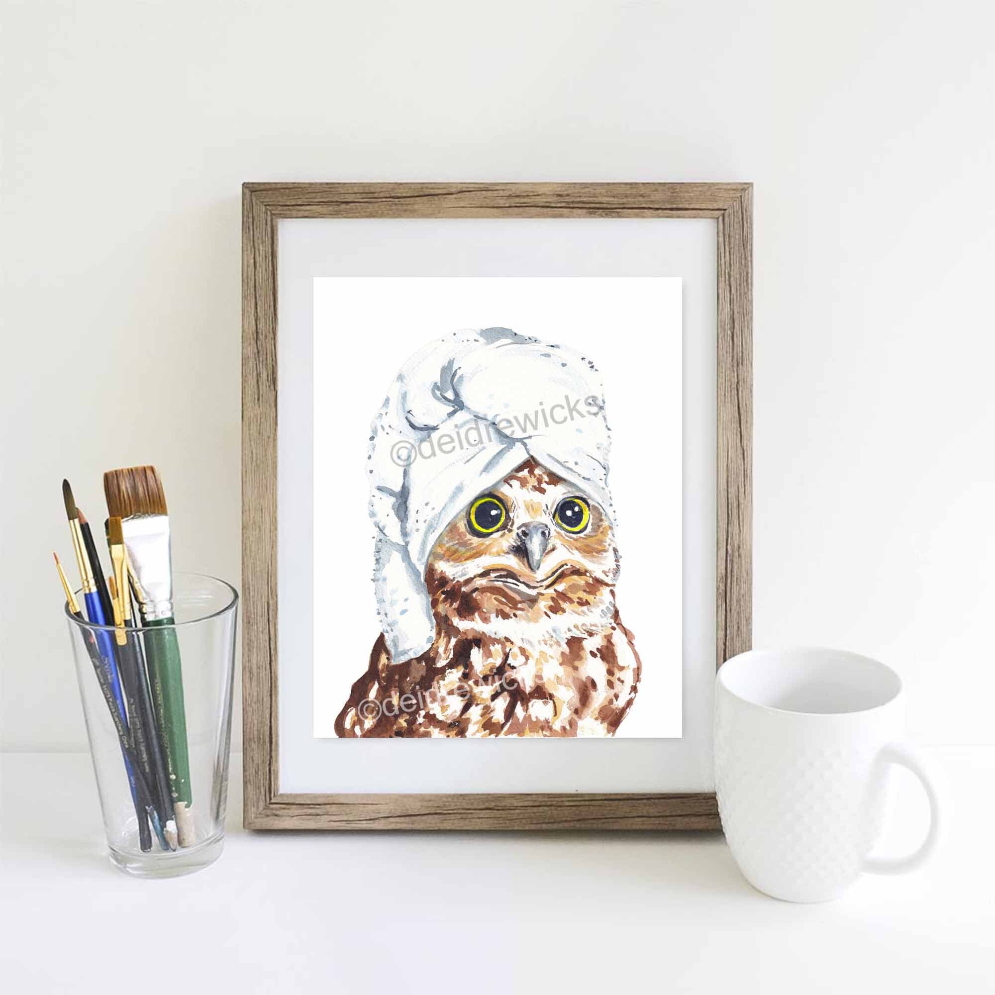 Owl at the Spa Watercolour Painting PRINT - Animal Bathroom Decor - Etsy