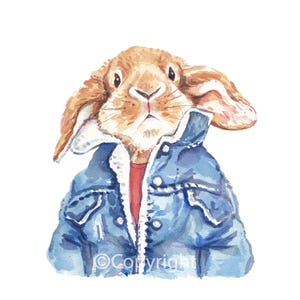 Denim Cool Rabbit Watercolour Painting of a Fashionable Bunny - Etsy