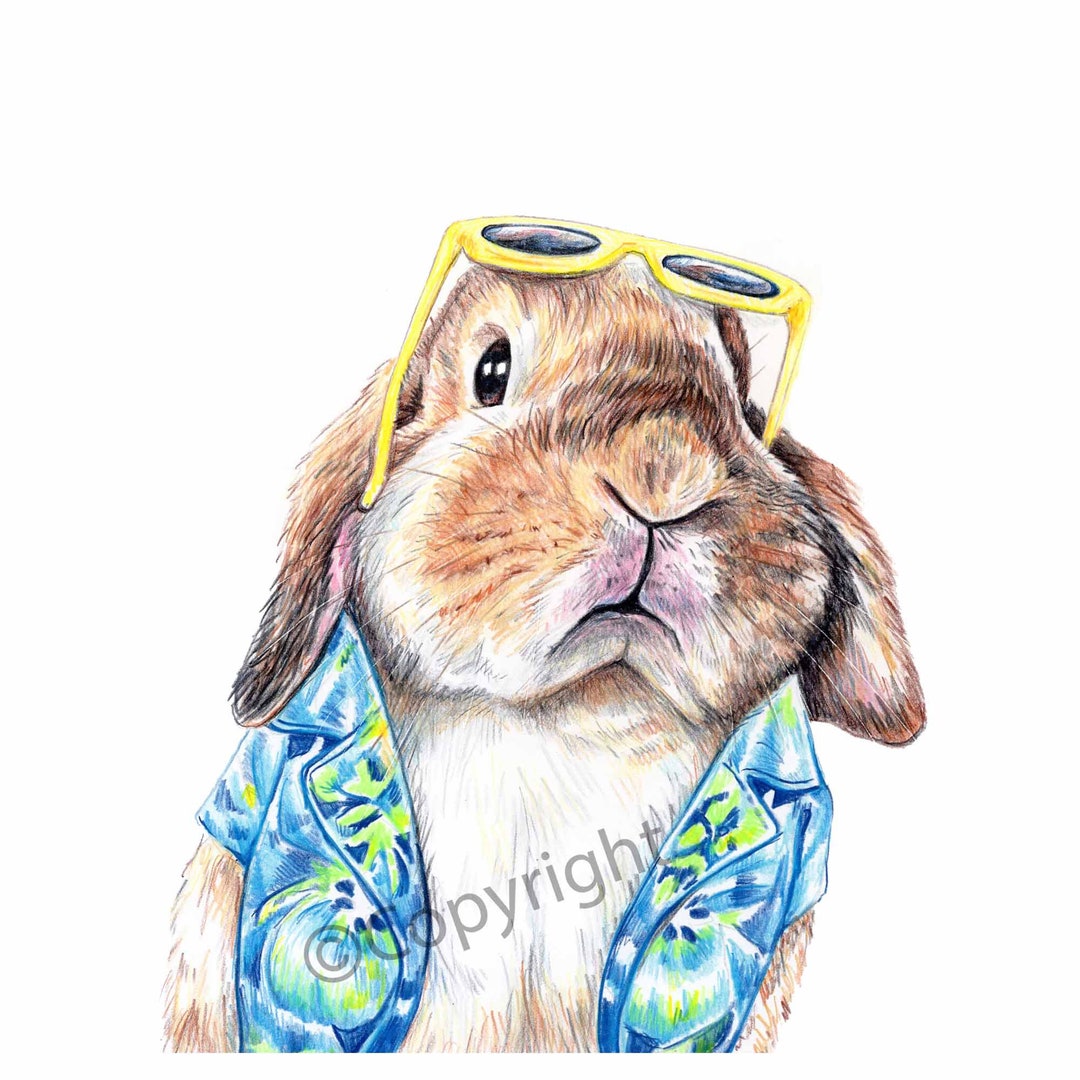 Lop Eared Rabbit Drawing Print of a Bunny Wearing a Hawaiian Shirt - Etsy