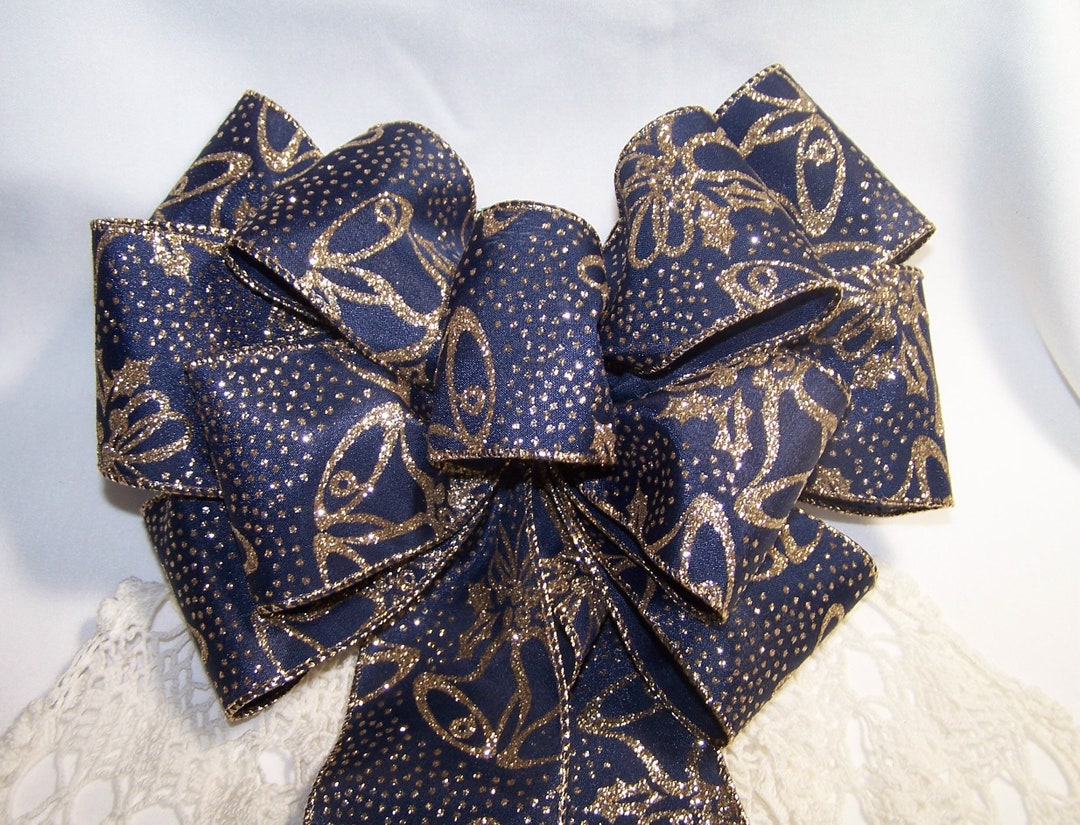 Handmade Navy and Gold Christmas Bow With Bells: Sparkly Winter Wreath ...
