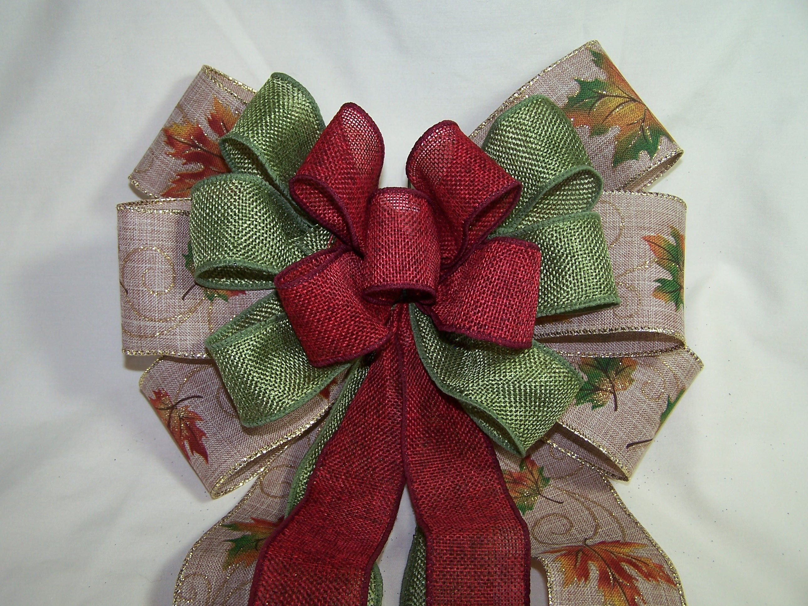 Autumn Leaf Burlap Bow Green Orange Red Fall Maple Leaf Great for ...