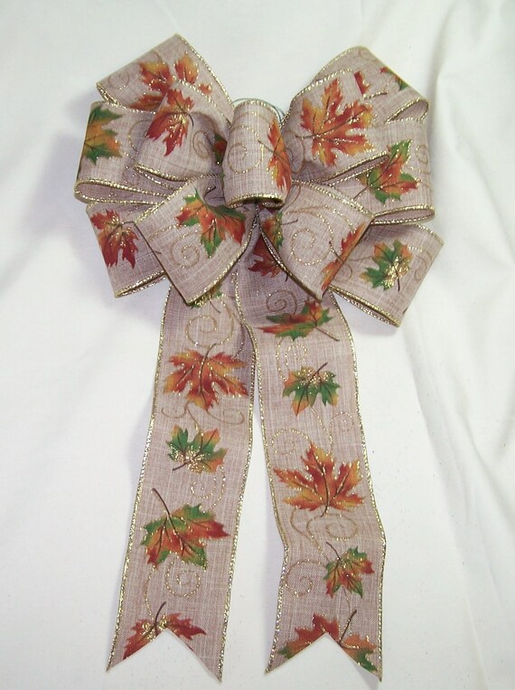 Autumn Leaf Burlap Bow Green Orange Red Fall Maple Leaf Great for ...