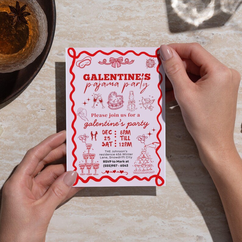 Galentine's Pajama Party Invitation Pink Red Bow Sleepover Slumber ...