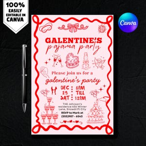 Galentine's Pajama Party Invitation Pink Red Bow Sleepover Slumber ...