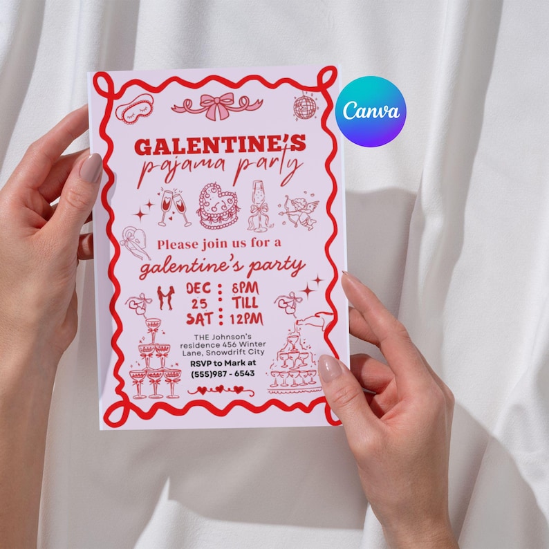 Galentine's Pajama Party Invitation Pink Red Bow Sleepover Slumber ...