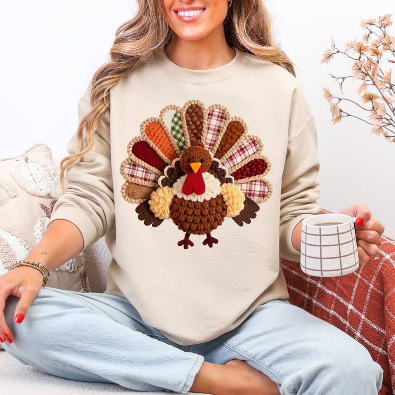 Thanksgiving Turkey Sweatshirt, Print Crochet Turkey Sweatshirt ...