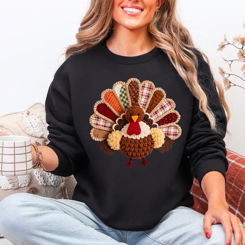Thanksgiving Turkey Sweatshirt, Print Crochet Turkey Sweatshirt ...