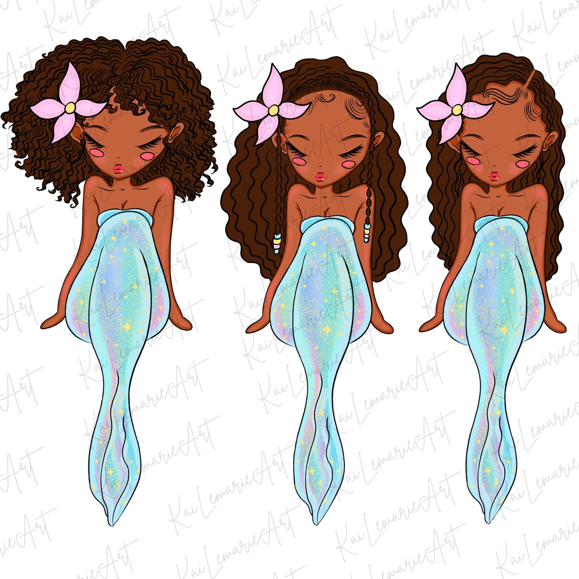 Ethnic Mermaid Clip Art: Hand-drawn Afro Mermaid Illustrations (PNG ...