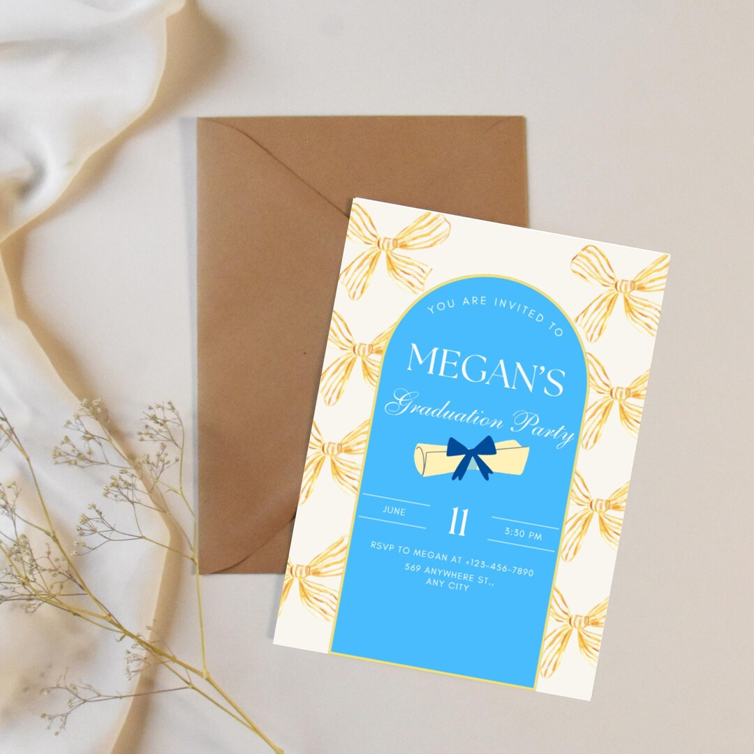 Blue and Yellow Graduation Invitation With Bow | Elegant Printable Grad ...