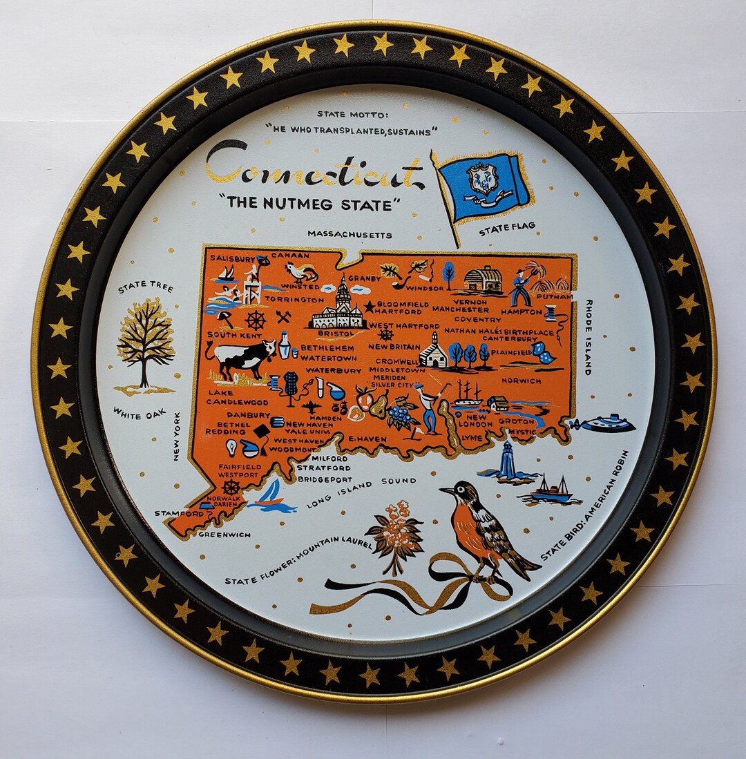 Vintage EUC Connecticut Nutmeg State Map Souvenir Tin Metal Cocktail ...