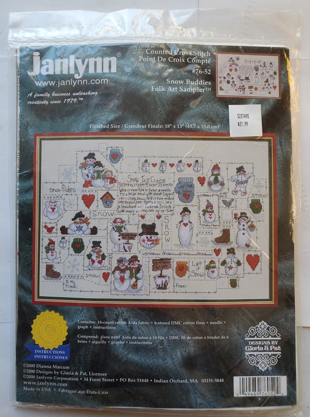 Vintage New NIP Janlynn Snow Buddies Folk Art Sampler Cross Stitch Kit ...