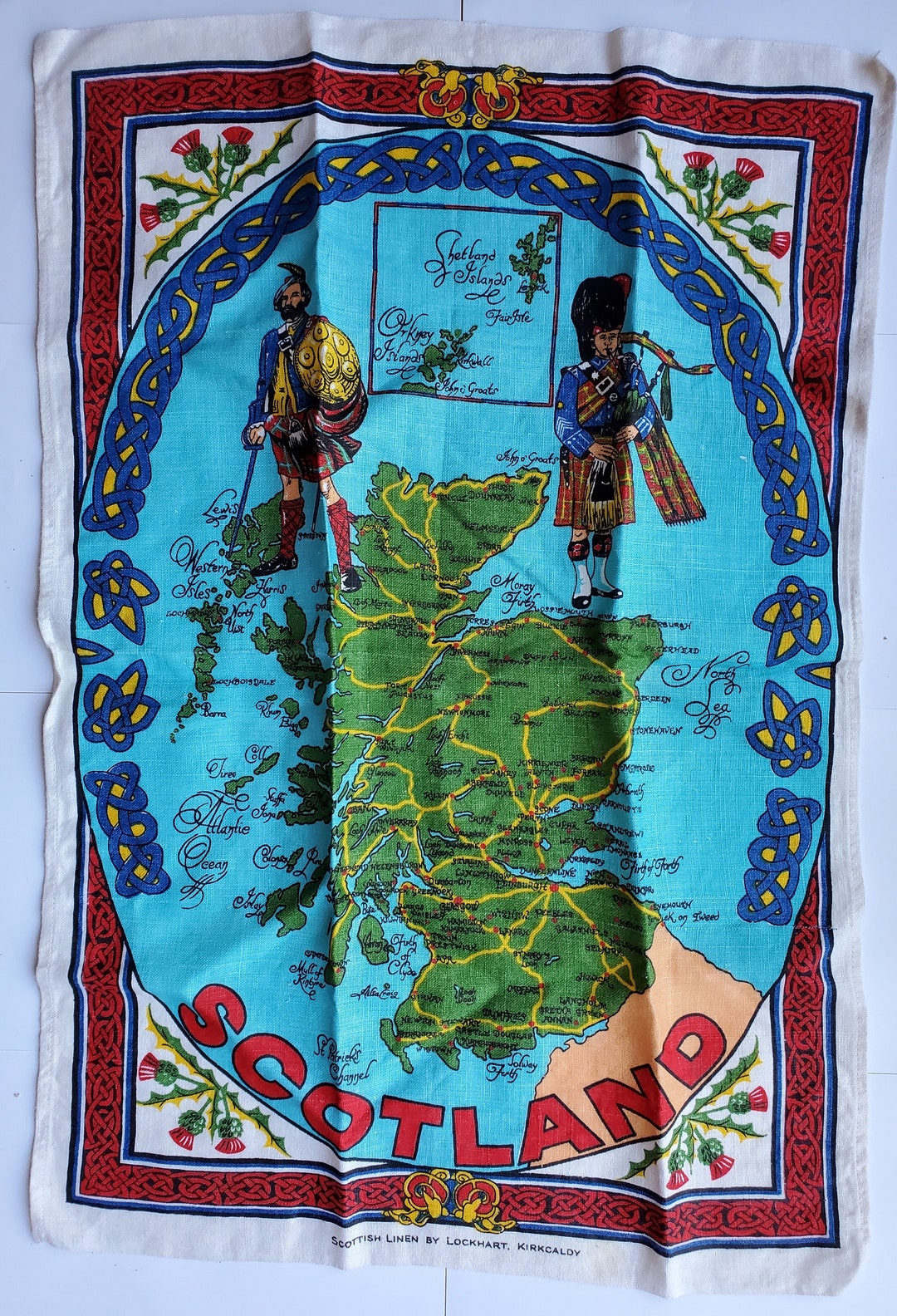 Vintage New Scottish Linen Lockhart Kirkcaldy Tea Towel Map Piper ...