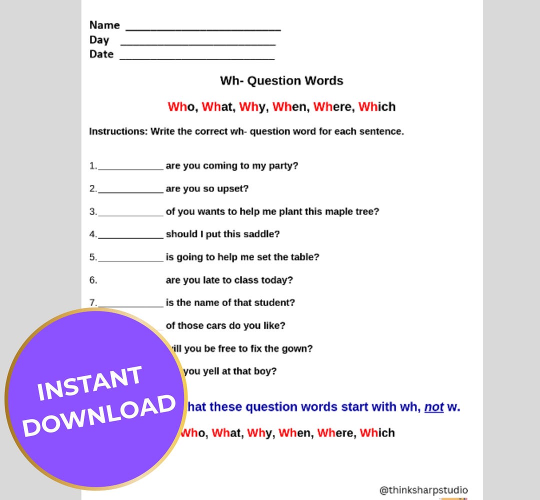 Sentence Level Wh- Questions Reading Comprehension (who, What, Why ...