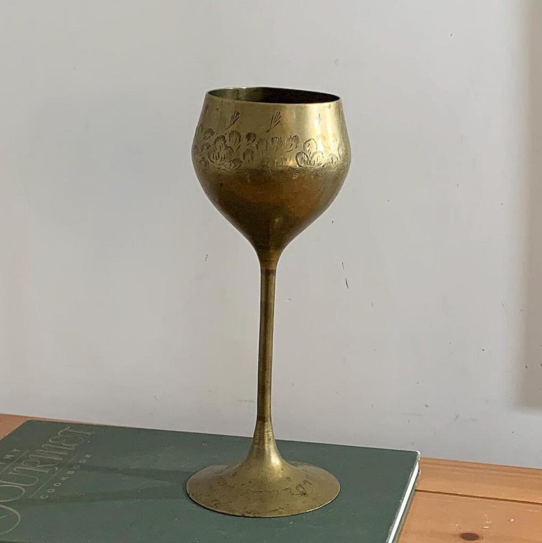 1960s Brass Chalice Goblet – Tall Decorative Etched Boho Accent ...