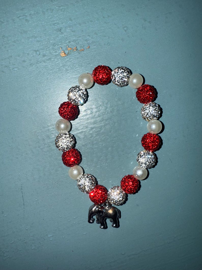 Elephant Bracelet With Red and White Rhinestone Beads- Pearl Beads ...