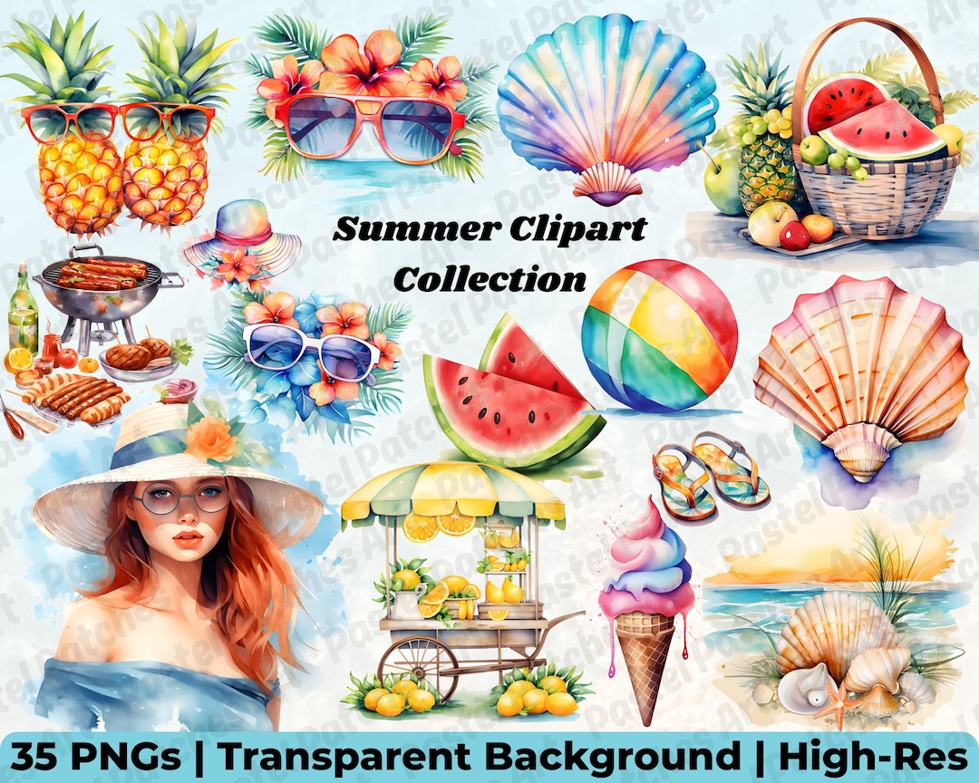Summer Watercolor Clipart, Tropical Beach PNG, Nautical Summer Graphics ...