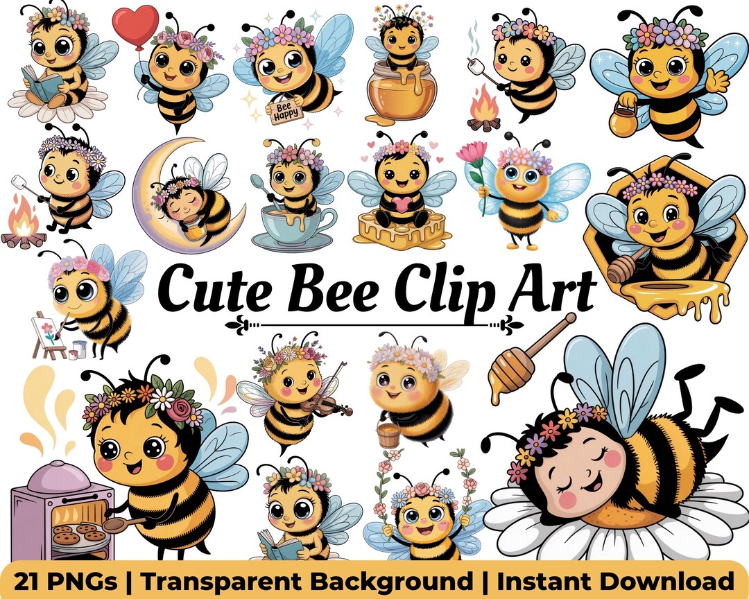 Cute Bee Clipart Bundle • 21 Watercolor Bee Pngs Nursery & Sublimation ...