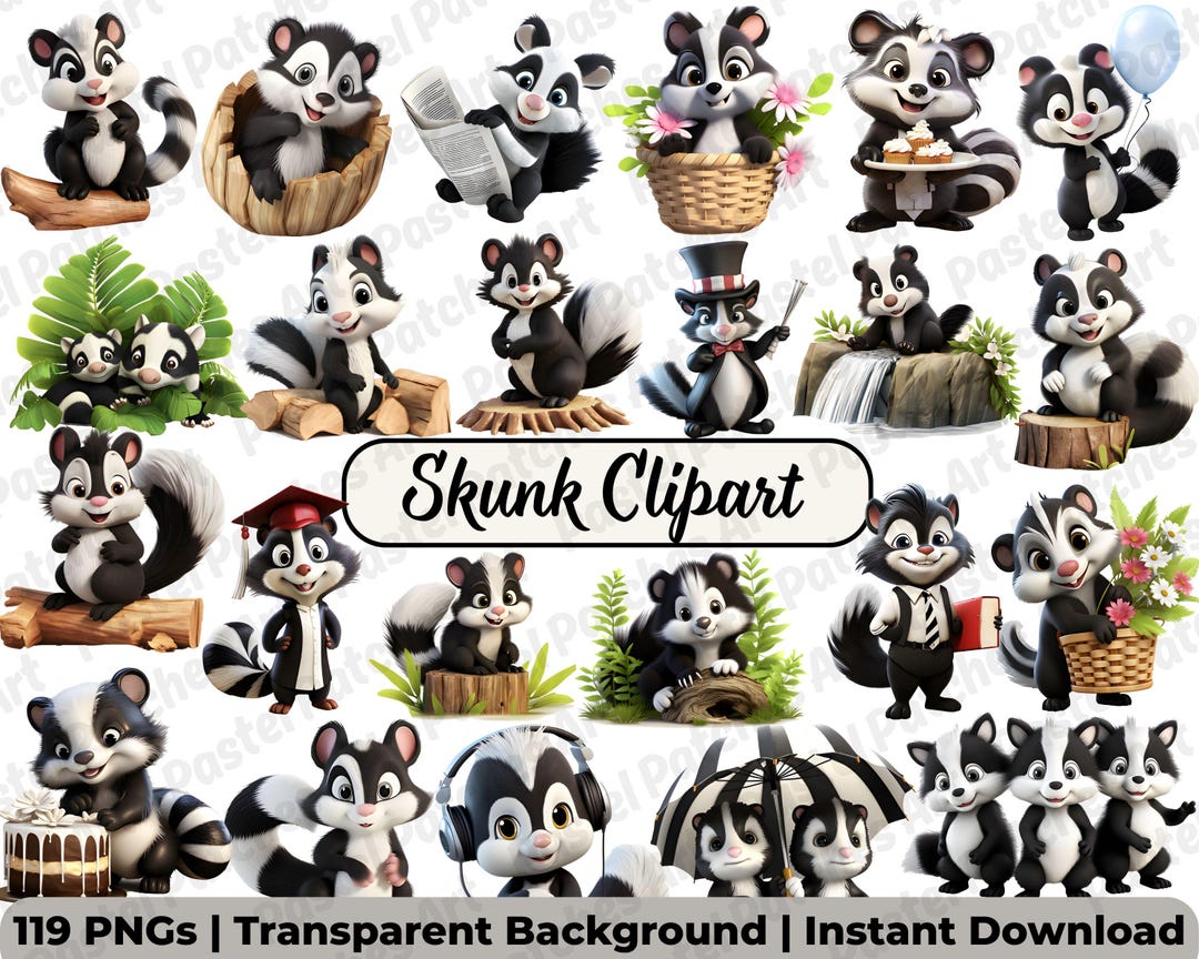 Cute Skunk Clipart | Kawaii Woodland Animal Art | Baby Shower Nursery ...