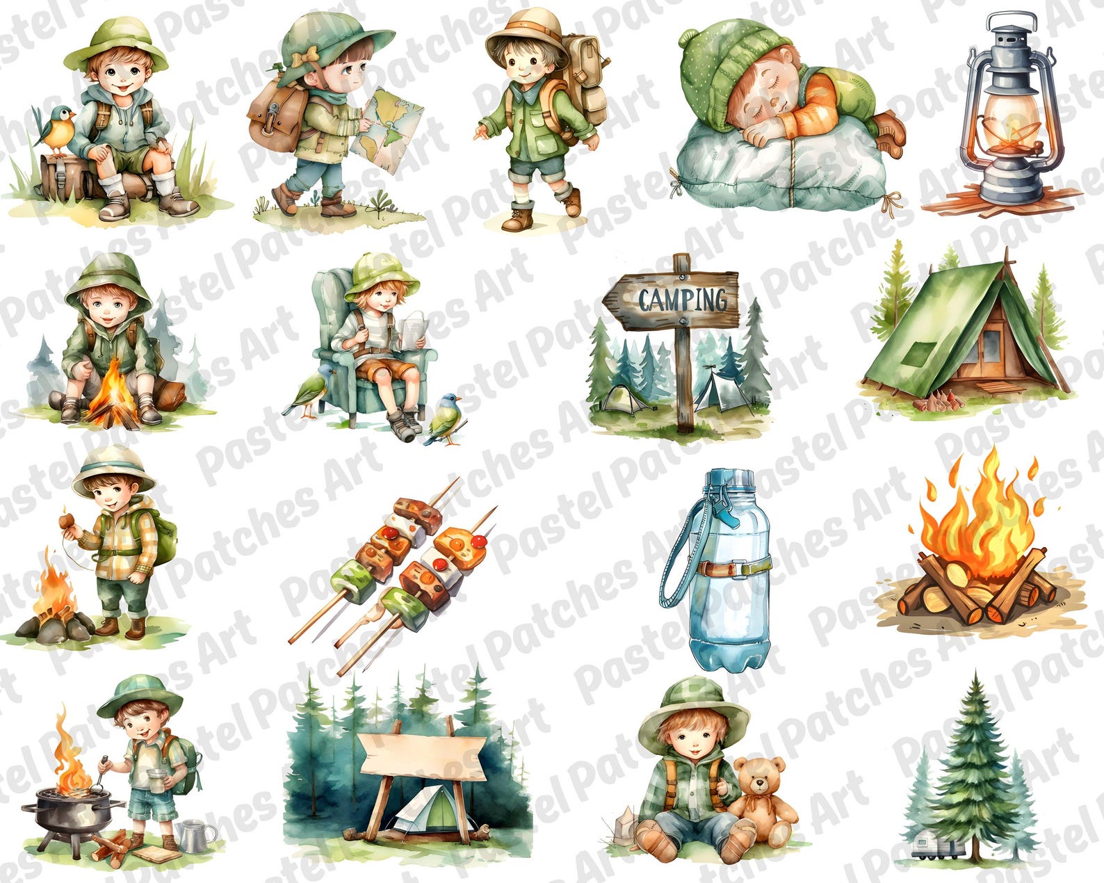 Kids Camping Watercolor Clipart, Summer Holiday, Cute Camper PNG ...