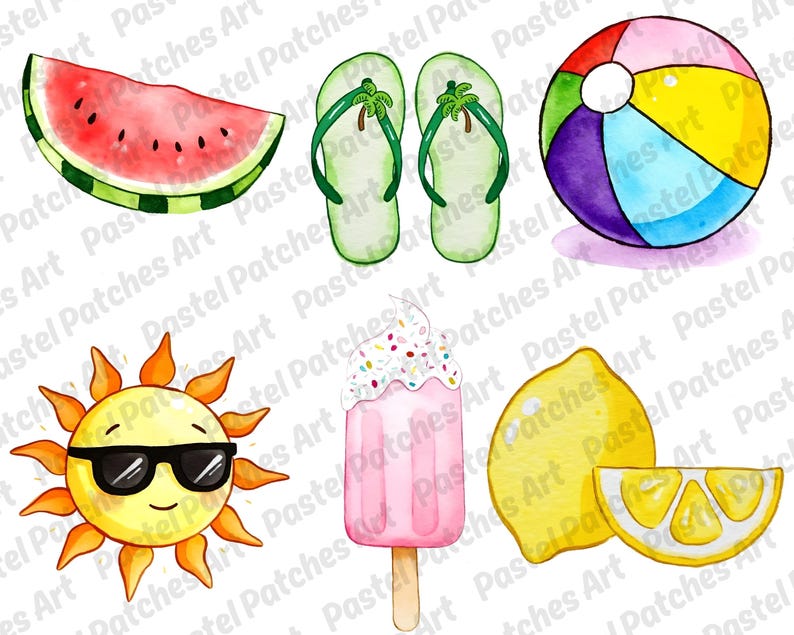 Watercolor Summer Beach Clipart, Pool Party Clipart, Ocean Clipart ...