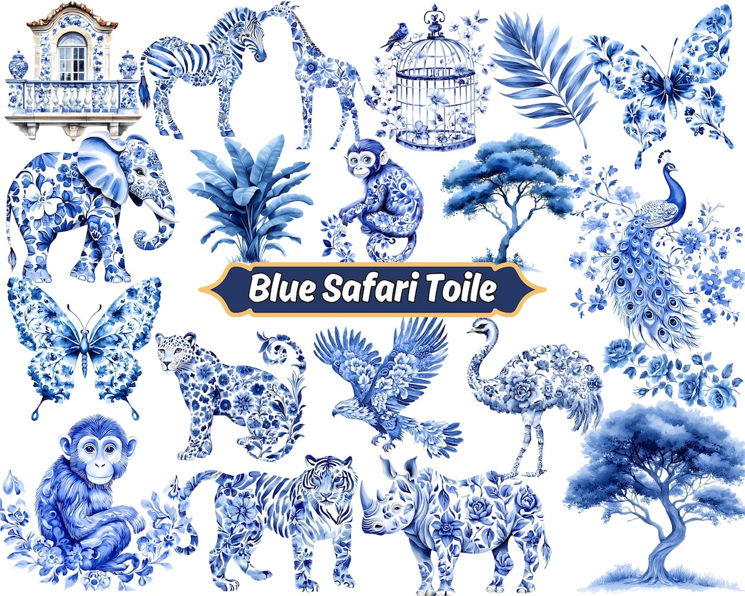 Blue Safari Toile Clipart, Chinoiserie Watercolor Jungle Animals, Blue ...