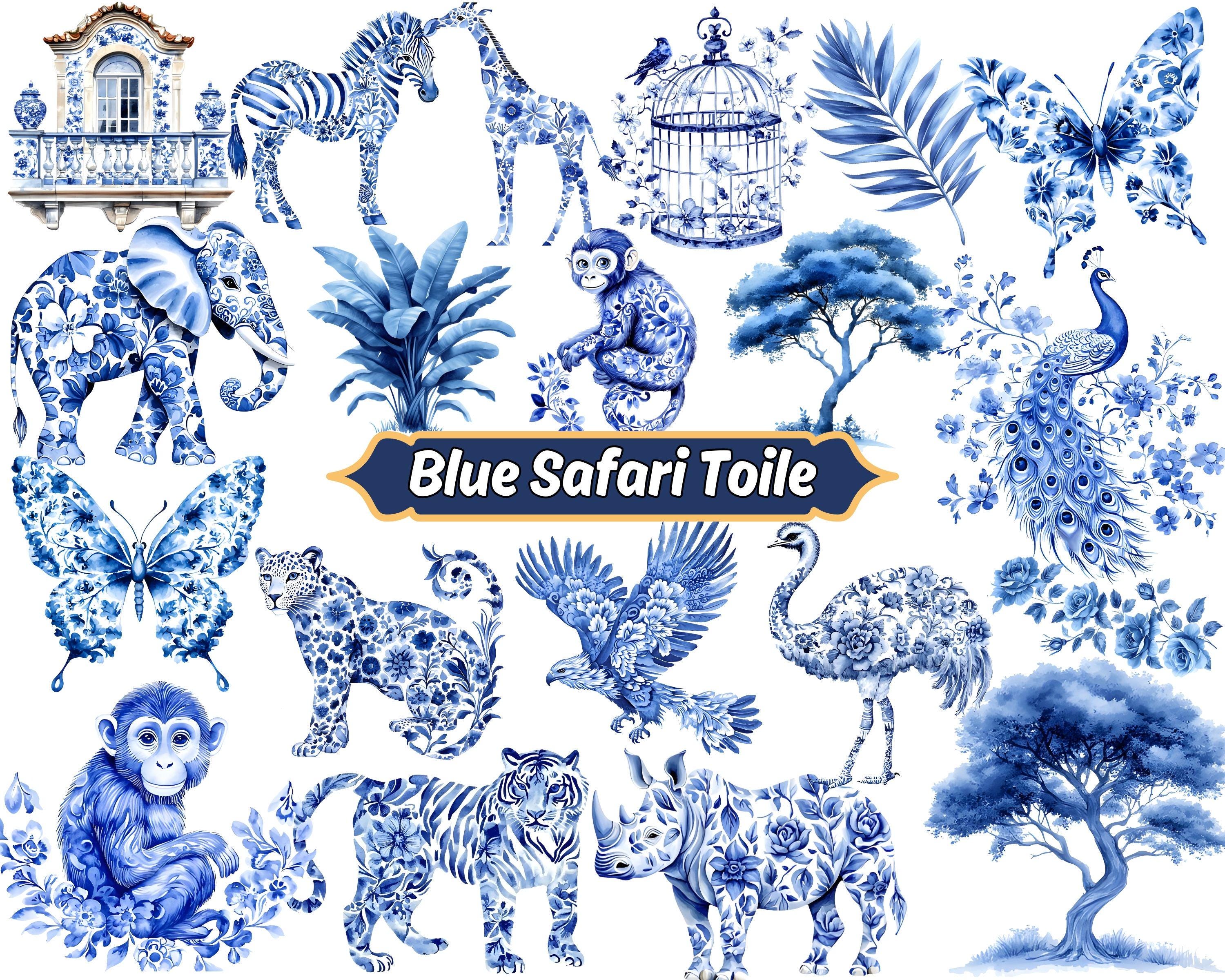 Blue Safari Toile Clipart, Chinoiserie Watercolor Jungle Animals, Blue ...