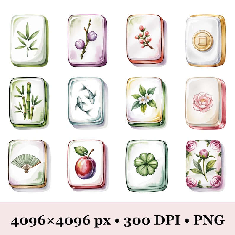 Watercolor Mahjong Tiles Clipart Bundle | 50+ Mahjong PNG Files for ...