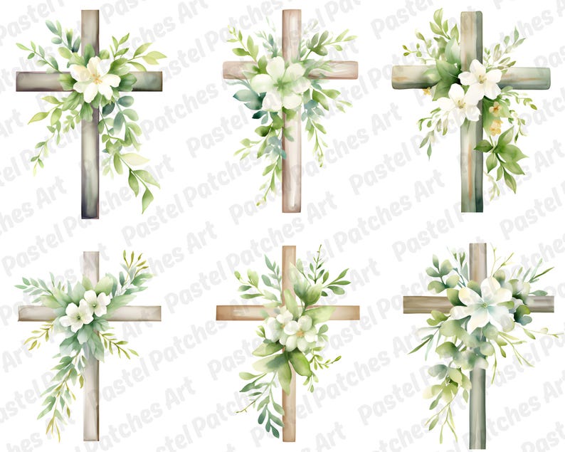 Easter Christian Cross Clipart Set | Watercolor Floral Cross PNG for ...