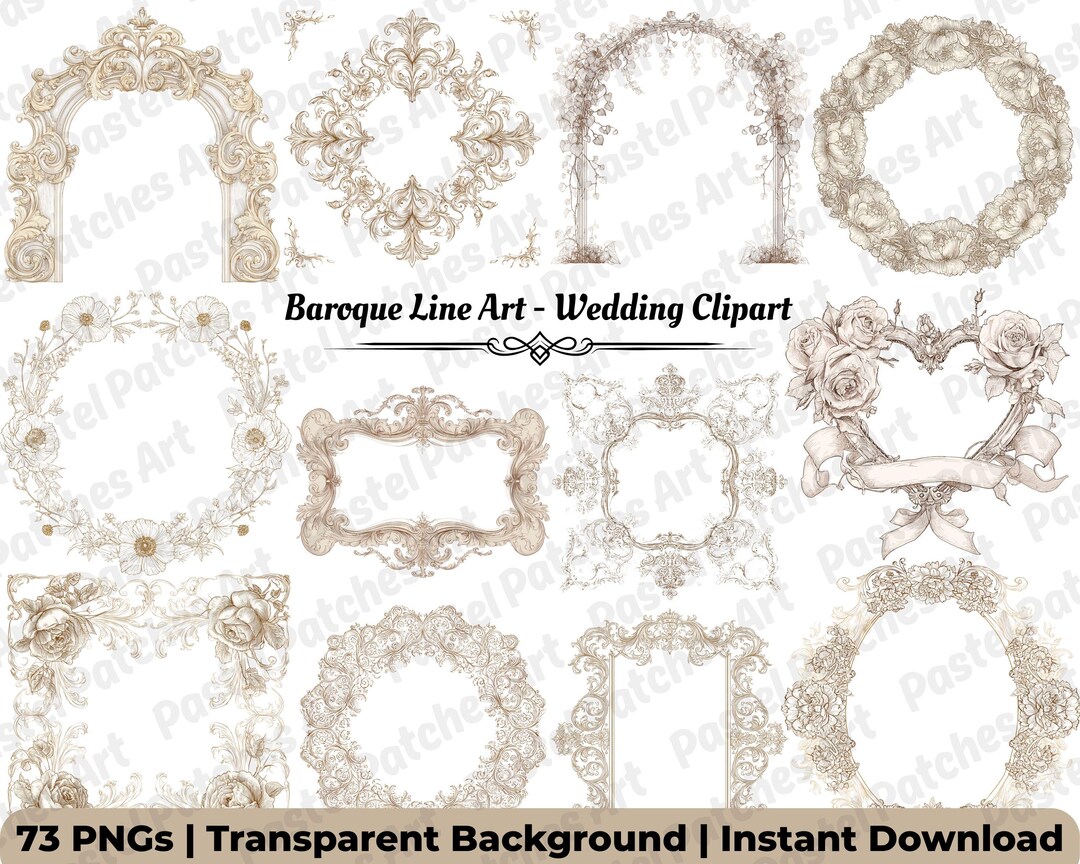 Baroque Line Art Clipart | Vintage Ornate Design Elements for ...