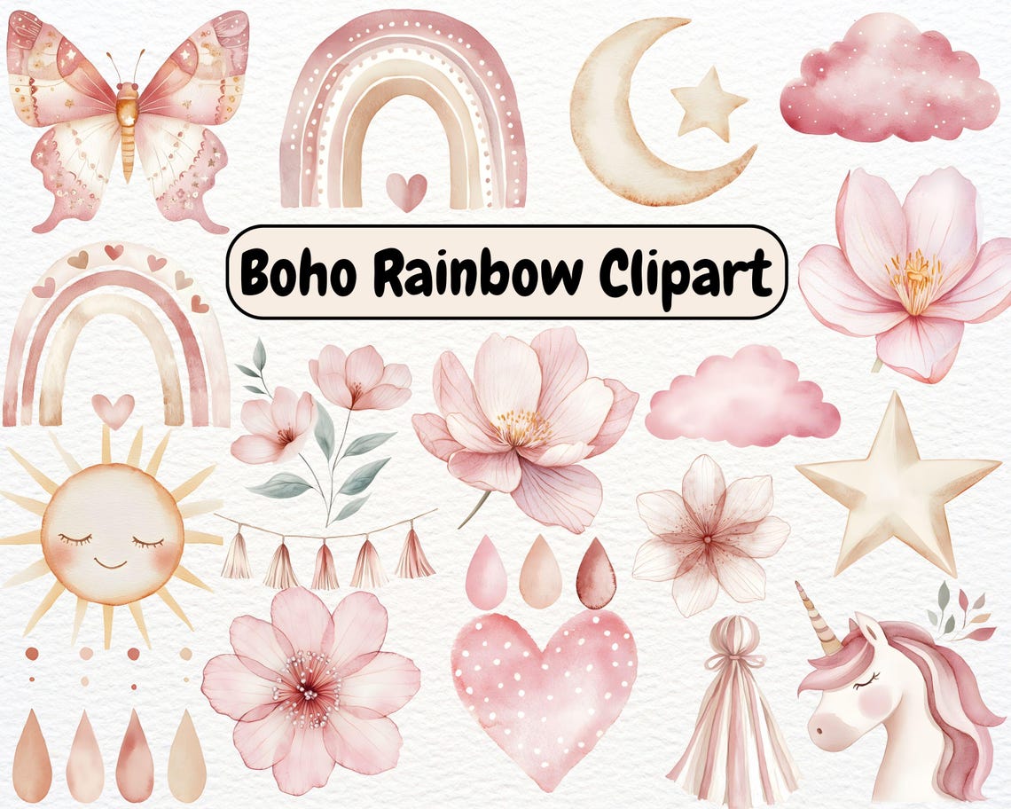 Boho Rainbow Watercolor Clipart, Baby Shower Clipart, Watercolor Boho ...