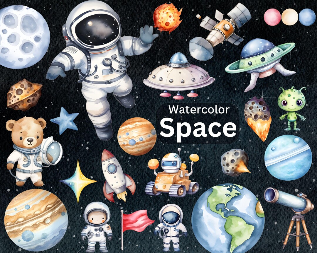 Cute Space Clipart - Watercolor Astronaut, Planets & Rockets - Outer ...