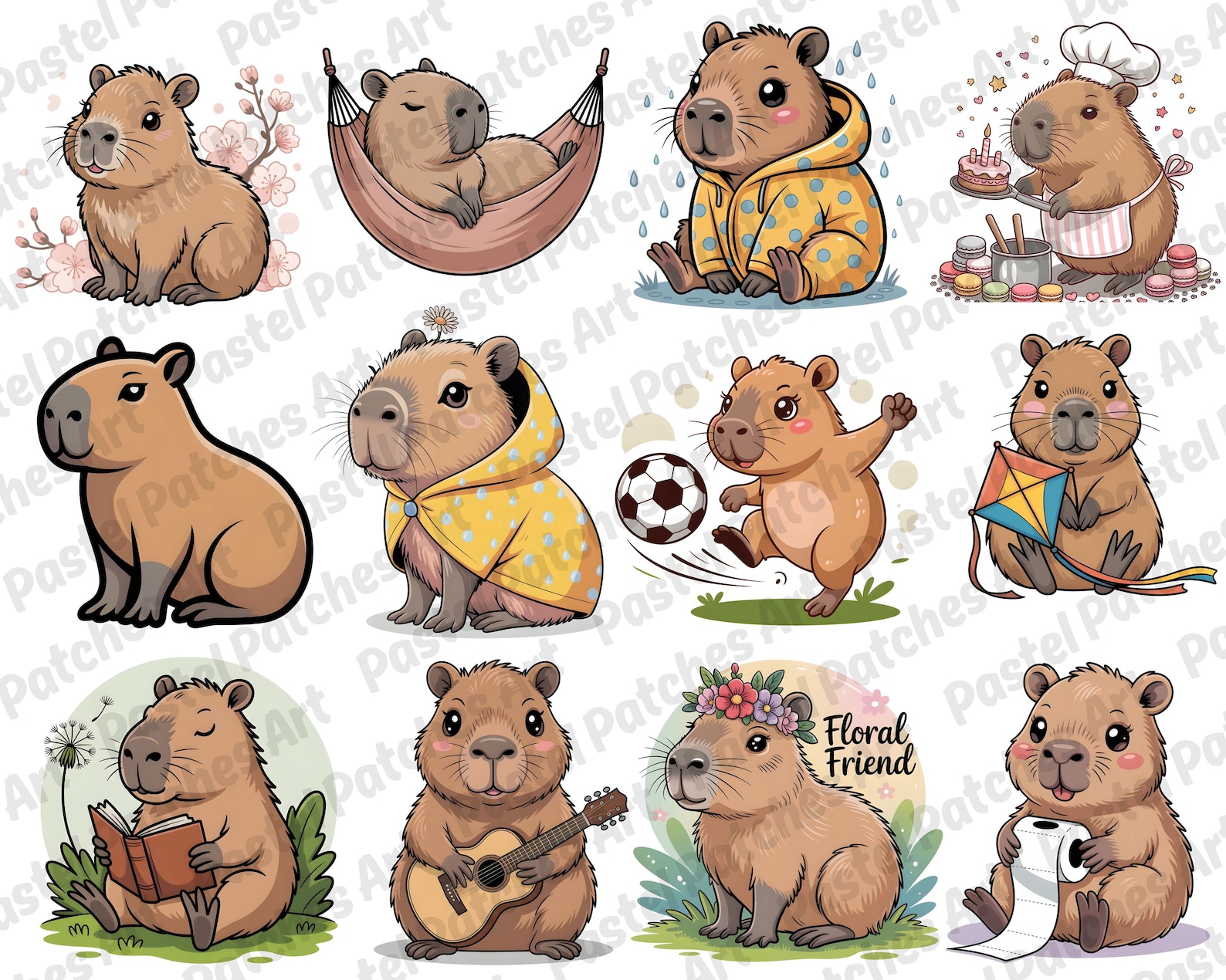 Cute Capybara Clipart PNG Bundle – 40+ Commercial Use Sublimation and ...