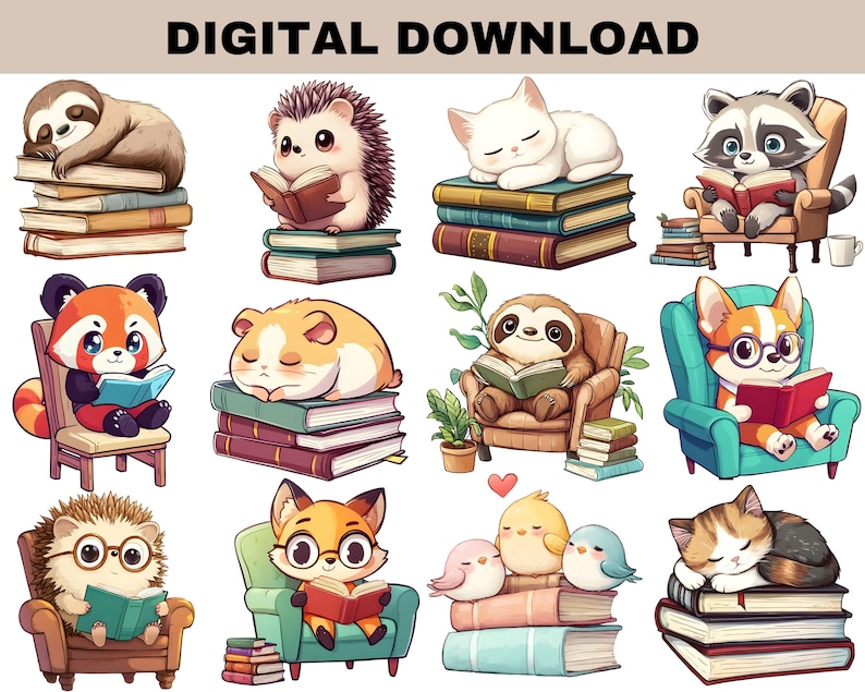Kawaii Animal Reading Books Clipart, Reading Clipart, Cute Book Lover ...