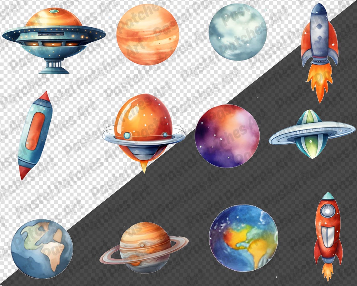 Space Clipart, Watercolor Astronaut With Cute Planets and Rockets ...