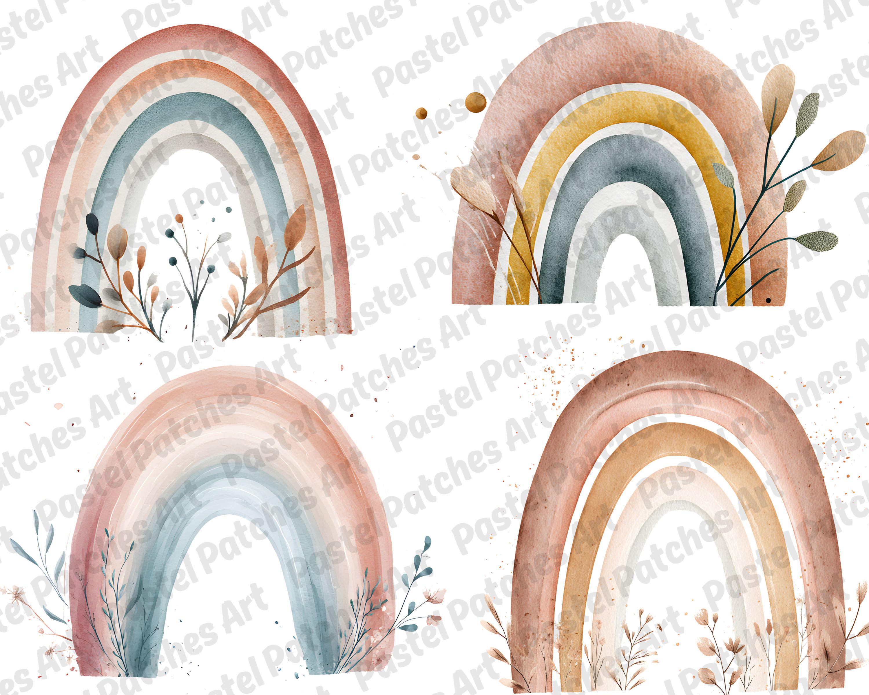 Boho Rainbow Nursery Clipart - Floral Watercolor Clip Art, Pastel Dusty ...