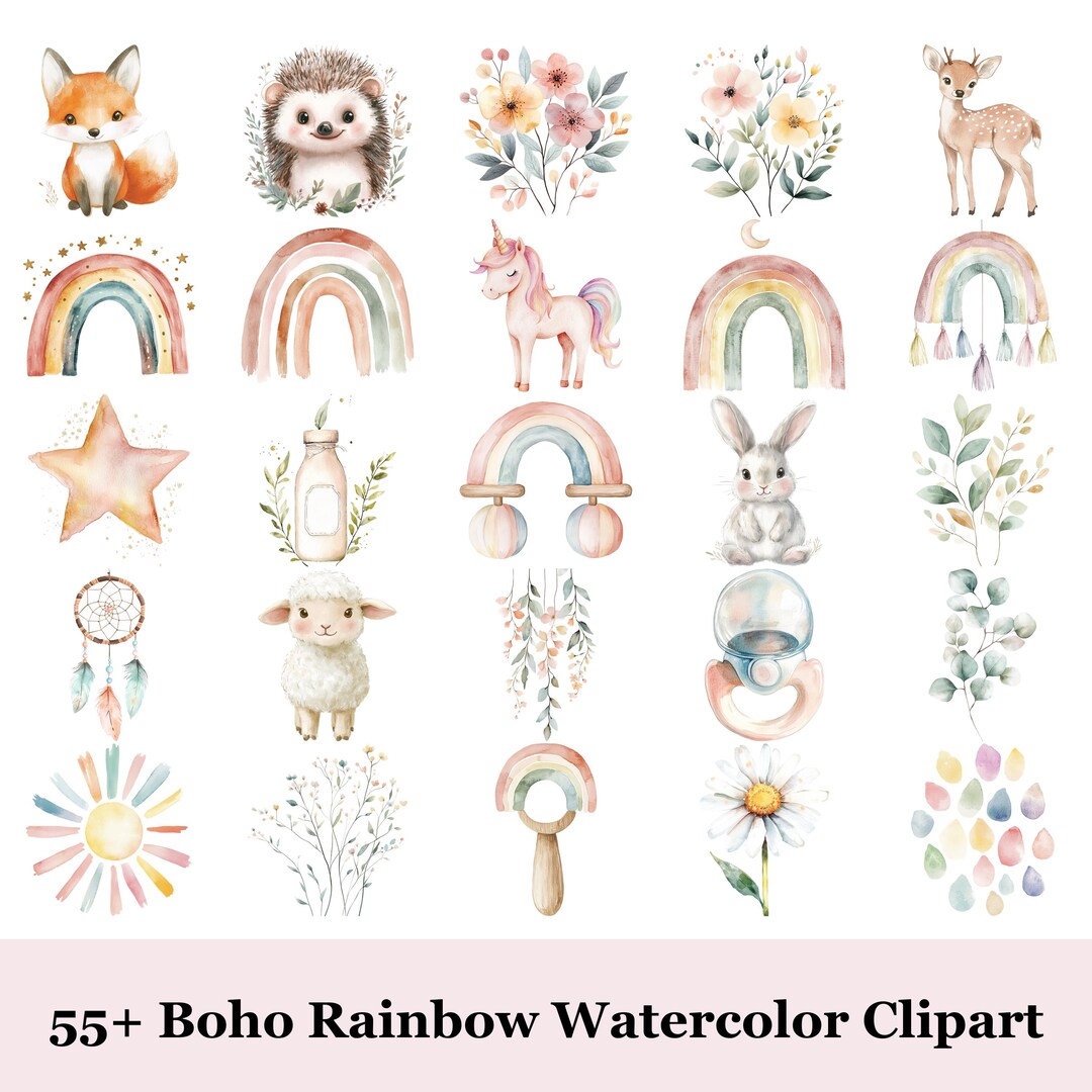 55+ Boho Rainbow Watercolor Clipart | Neutral Pastel Rainbow PNG Bundle ...