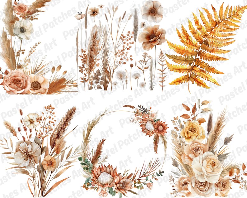 55 Boho Flowers Clipart Bundle | Watercolor Dried Flowers & Peonies PNG ...