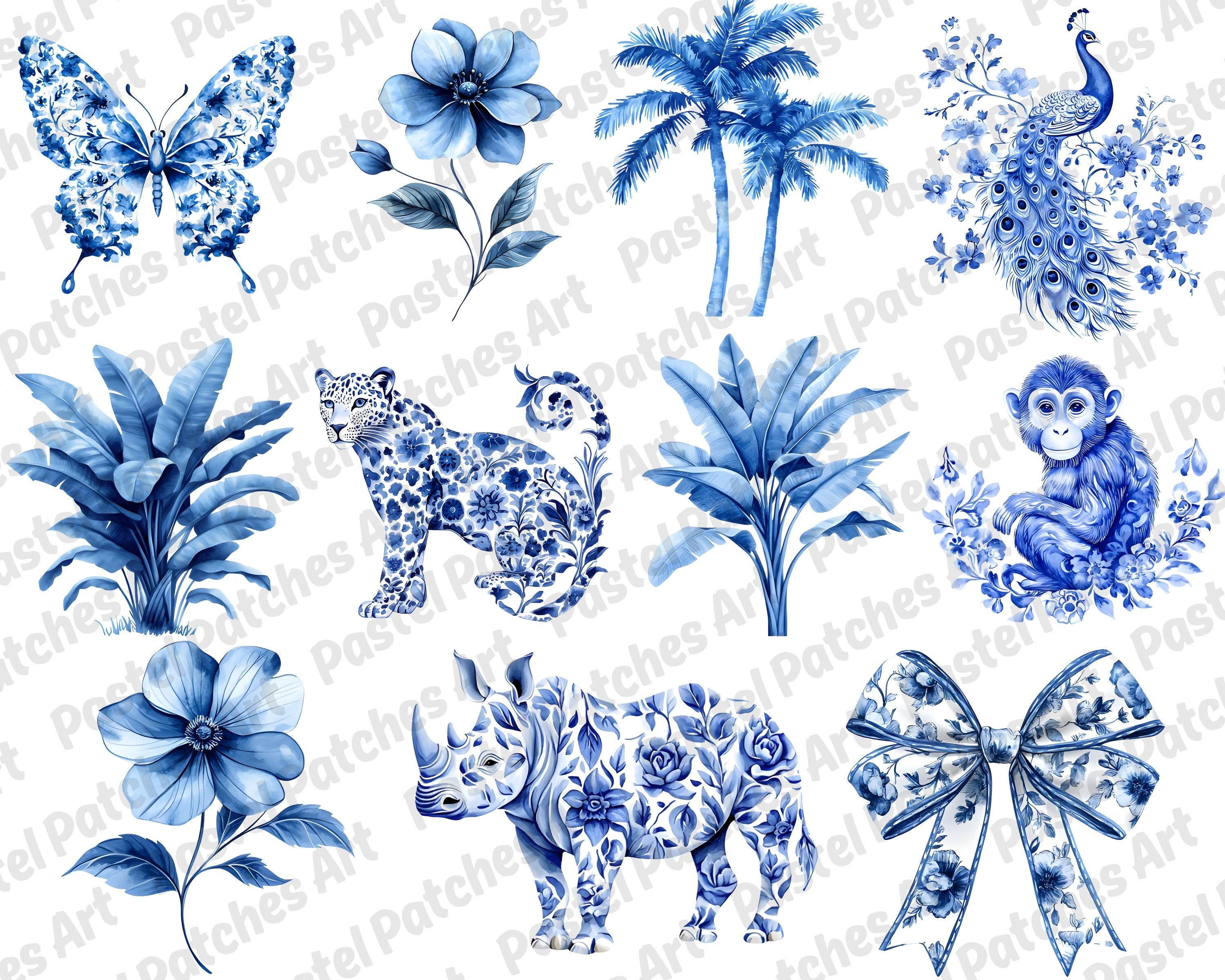 Blue Safari Toile Clipart, Chinoiserie Watercolor Jungle Animals, Blue ...