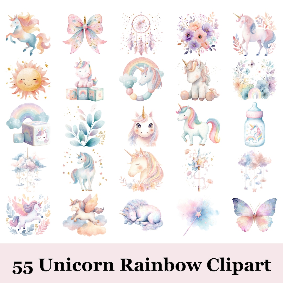 55 Unicorn Rainbow Clipart | Cute Unicorn PNG Bundle | Pastel Magical ...